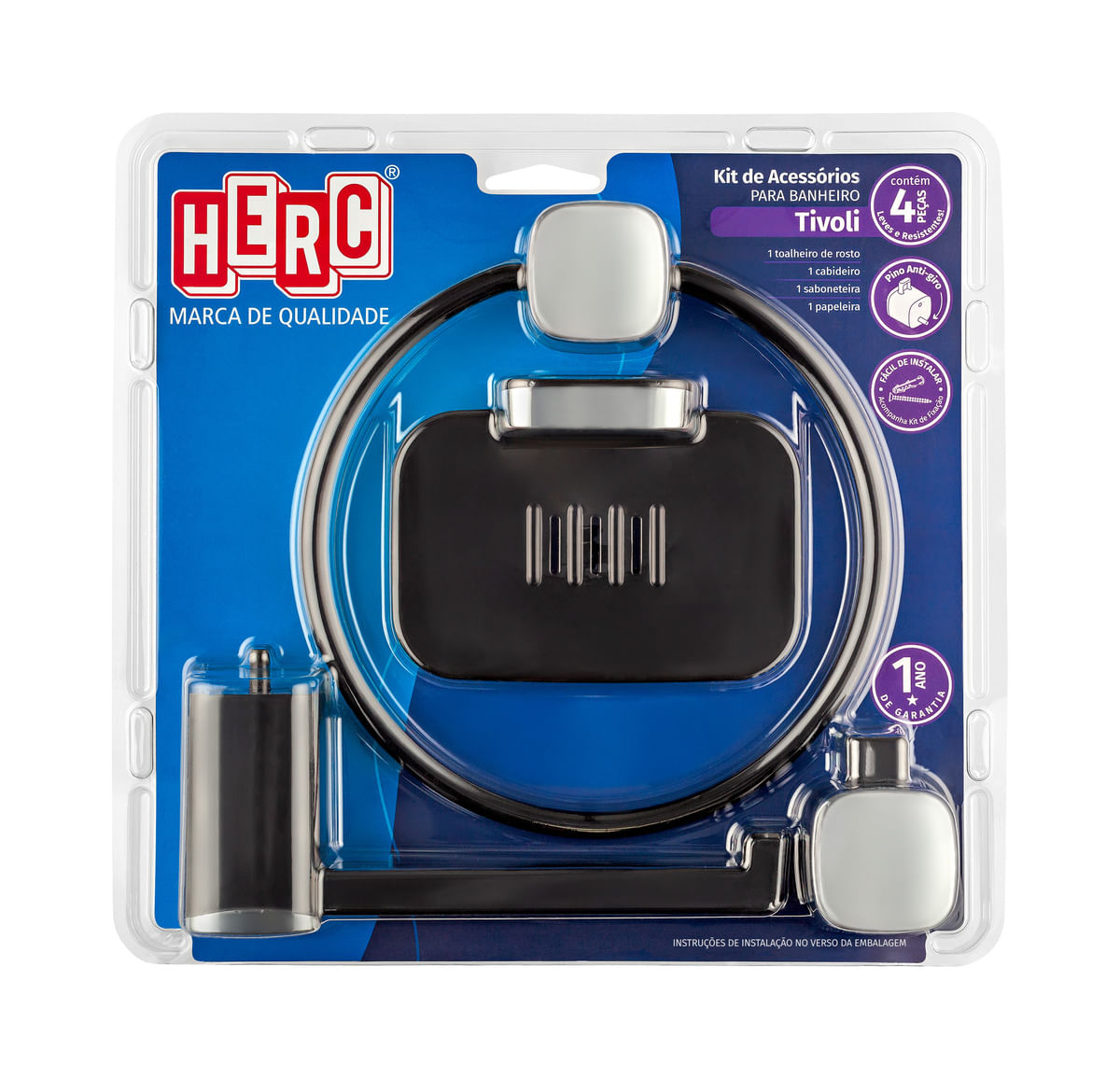 Kit 4 Peças para Banheiro Herc Tivoli - Preto Cromado