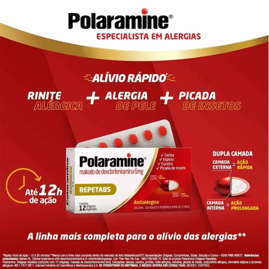 Polaramine Repetabs 6mg com 12 Drágeas – Hypera Pharma - Líder Shopping